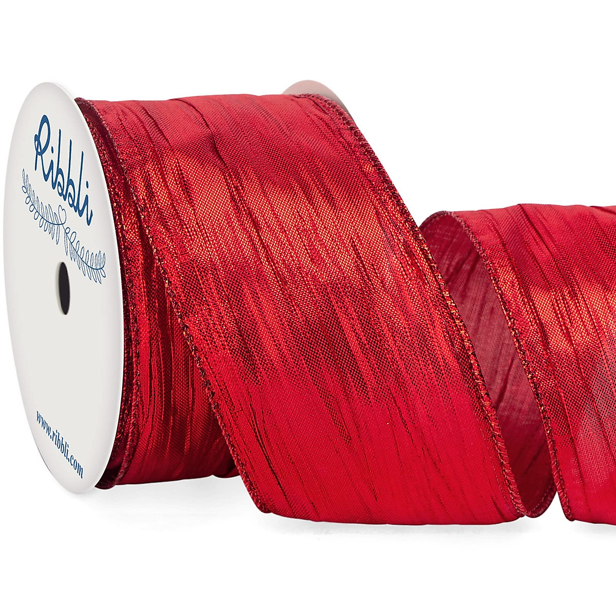 Ribbli Christmas Tree Ribbon-Red Crinkled Wired Ribbon with Metallic Red Edge, Christmas Ribbon for Garland,Wreaths,Topper Bow,Swags, Christmas Tree Decoration 2-1/2 Inch x 10 Yard
