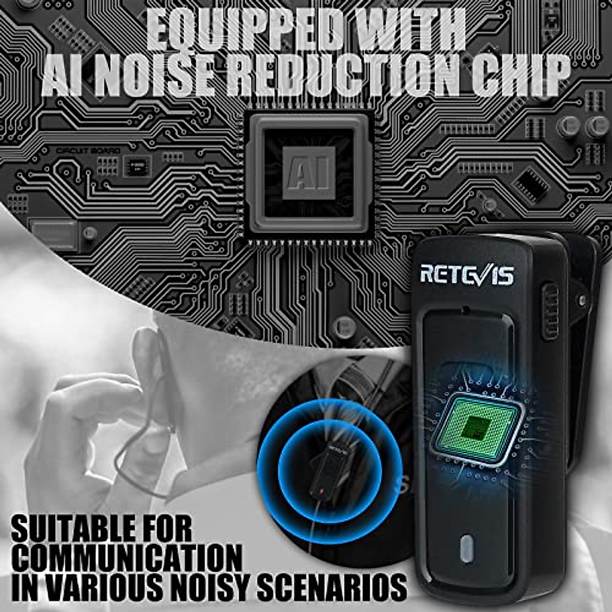 Retevis AI Active Noise Reduction Walkie Talkie Earpiece with Mic,Double PTT,Compatible RT22 RT21 RT68 RB85 NR10 Two Way Radio,Rechargeable C-Type 2 Way Radio Earhook Headset(1 Pack)