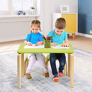 Costzon Kids Table and Chair Set, Wood Table and Chairs for Toddlers Reading, Arts, Crafts, Homework, Snack Time, 3 Piece Furniture for Playroom Home School Classroom, Childrens Table and Chair, Green