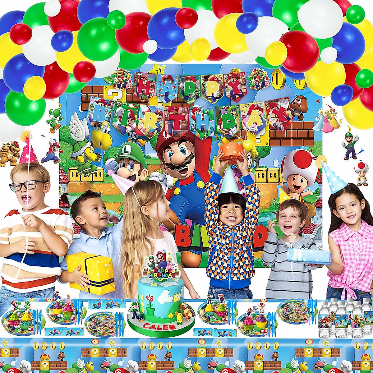 Mario Birthday Party Supplies, Mario Bros Party Decorations Include Banner, Hanging Swirls, Backdrop, Tableware, Cake Toppers, Bottle Labels, Chocolate Stickers