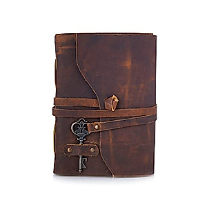 Burhano crafts vintage leather journal with key leather bound journal key closer Antique Handmade Deckle Edge Vintage Paper Leather Book of shadows - perfect for writing (8x6)