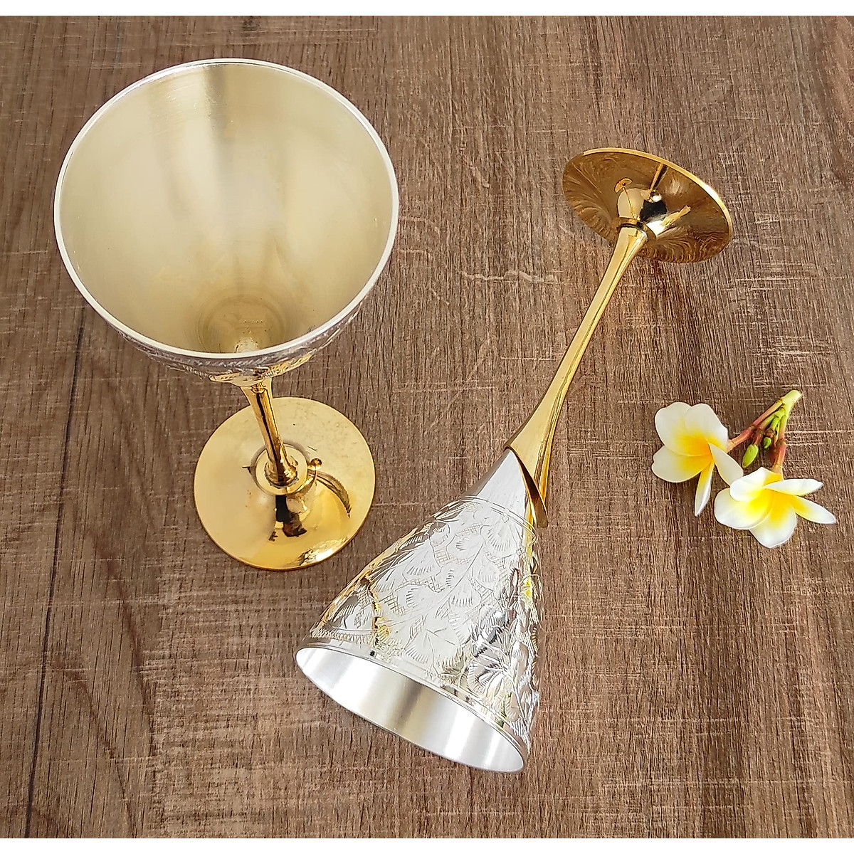 VIBRANIC Wine Glass Handmade Engraved Vintage Silver Plated Brass Champagne curved Fluted Wine Glass Pack of 2