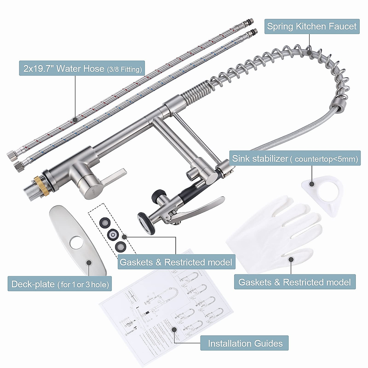 Commercial Kitchen Faucet with Pre-Rinse Sprayer, WOWOW Solid Brass Commercial Restaurant Faucet 1 or 3 Hole Spring Kitchen Faucet with Deck Plate, Brushed Nickel