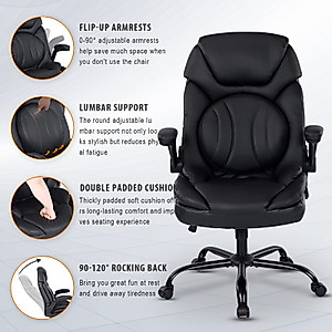 Comermax Ergonomic Executive Office Chairs with Lumbar Support, PU Leather Home Office Desk Chairs with Wheels and Flip up Arms, 90-120° Rocking Managerial Executive Chair (Black),Medium(300lbs)