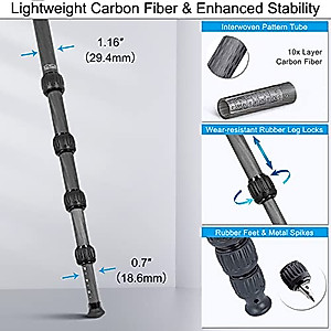 SIRUI AM-284 Travel Carbon Fiber Tripod, Professional Camera Tripod with 4-Section Legs, Twist Leg Locks, Detachable Metal Spikes, Loads up 33LB