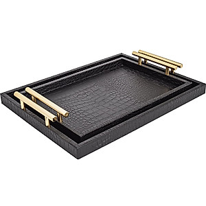 MACVAD Set of 2 Modern Elegant Large Wood Serving Tray, Silver Crocodile Leather with Gold Polished Metal Handles, Rectangle Decorative Tray for Ottoman Coffee Table Living Room