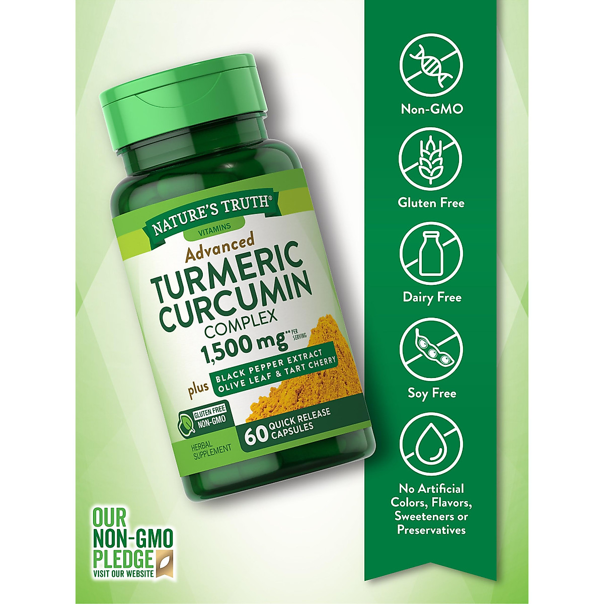 Nature's Truth Turmeric Curcumin 1500 mg | 60 Capsules | with Black Pepper Extract, Olive Leaf & Tart Cherry | Non-GMO, Gluten Free Supplement