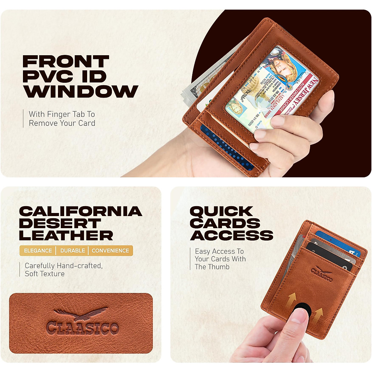 Claasico Front Pocket Small Minimalist Leather Wallet RFID Blocking Vintage Leather Credit Card Holder with Gift Box