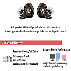 BASN Bsinger in Ear Monitor Headphones for Musician, Dual Dynamic Drivers Noise Isolating Earbuds with MMCX Inline Remote Mic Cable and Silver Plated Audio Cable (SPM-Brown)