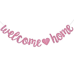 BEISHIDA Pink Welcome Home Banner,No DIY,Pre-Strung Welcome home Decorations,Glitter welcome home Party Sign,Homecoming,Housewarming,Graduation Ceremony, Family Reunion, Military Return Party Supplies