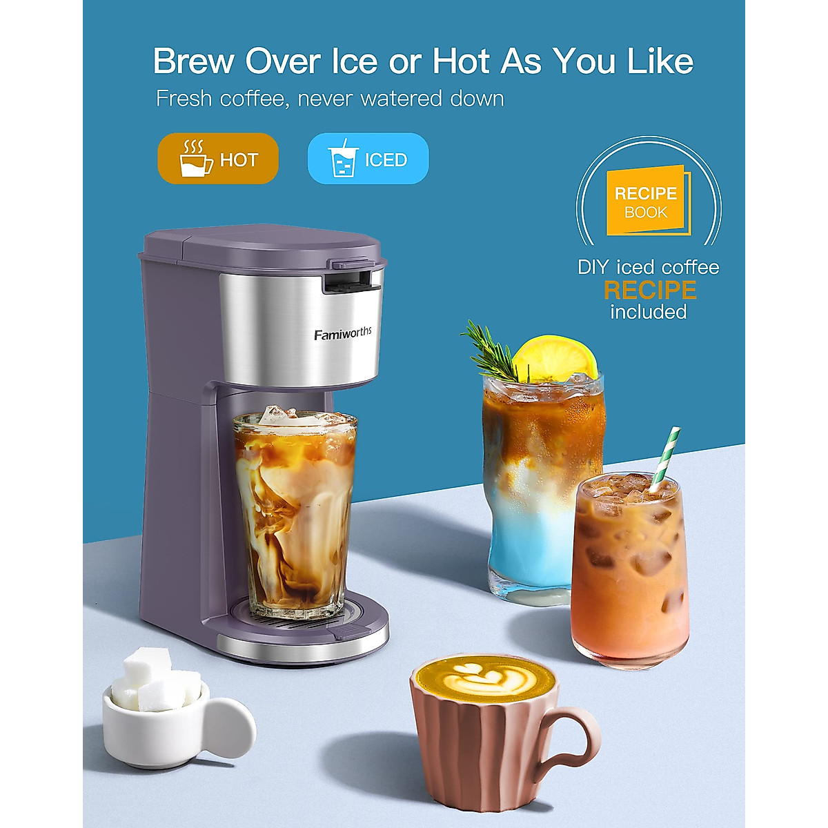 Famiworths Iced Coffee Maker, Hot and Cold Coffee Maker Single Serve for K Cup and Ground, with Descaling Reminder and Self Cleaning, Iced Coffee Machine for Home, Office and RV, Lavender