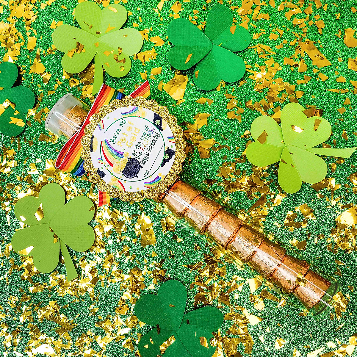 Pot of Gold Rainbow St. Patrick’s Day Gift Tag Sticker Labels, 40 2" Party Circle Stickers by AmandaCreation, Great for Party Favors, Envelope Seals & Goodie Bags