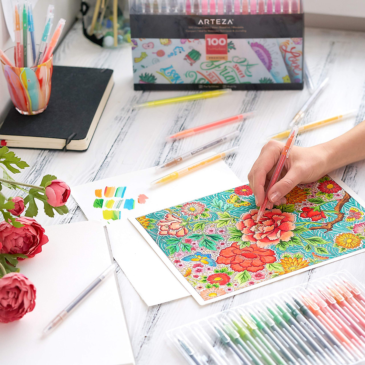 ARTEZA Dual Tip Brush Markers, Set of 100, Art Markers with Fine and Brush Tips, Dual Tip Pens for Adult Coloring, Calligraphy, Sketching, Doodling