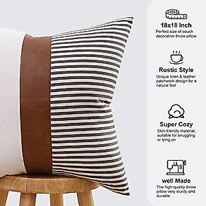 Mecatny Boho Throw Pillows 18x18 Set of 2 - Farmhouse Decorative Throw Pillows with Inserts Included - Brown Faux Leather Modern Stripe Patchwork Linen Accent Throw Pillows for Couch Bed Sofa, Grey