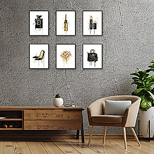 HoozGee Fashion Art Watercolour Splash Gold Champagne Black Perfume Bottle Lipstick Ring Jewelry High Heel Handbag Wall Art Prints Poster Girly Room Decor Bedroom Wall Decor (8"x10" UNFRAMED)