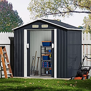 HOGYME 7' x 4.2' Metal Outdoor Storage Shed, Galvanized Steel Garden Shed & Outdoor Storage Suitable for Lawn Mower Bike, Backyard Tool Shed with Lockable/Sliding Door and Stable Base, 4 Vents, Gray