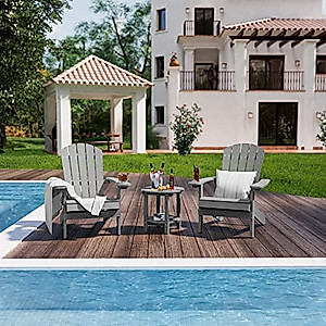 YEFU Adirondack Chair 3-Piece Set （Grey with 2 Oversized Plastic Adirondack Chair with Cup-Holder + an Outdoor Double Outdoor Side Table