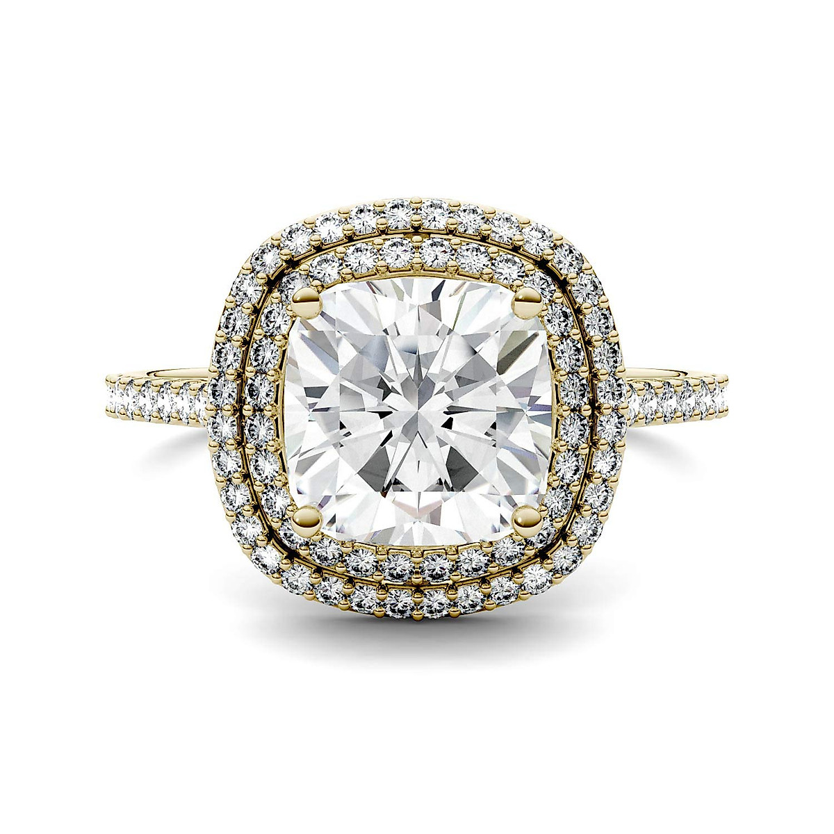 Charles & Colvard Yellow Gold Moissanite 8.0mm Cushion Halo Engagement Ring-size 7 2.90cttw DEW