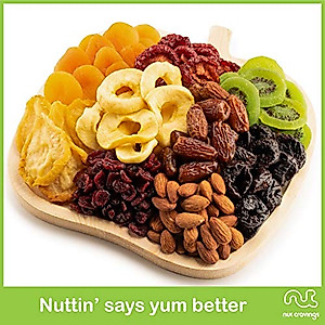 Dried Fruit & Mixed Nuts Gift Basket in Reusable Wooden Apple Tray + Ribbon (9 Assortments) Purim Mishloach Manot Gourmet Food Bouquet Platter, Birthday Care Package, Healthy Kosher Snack Box