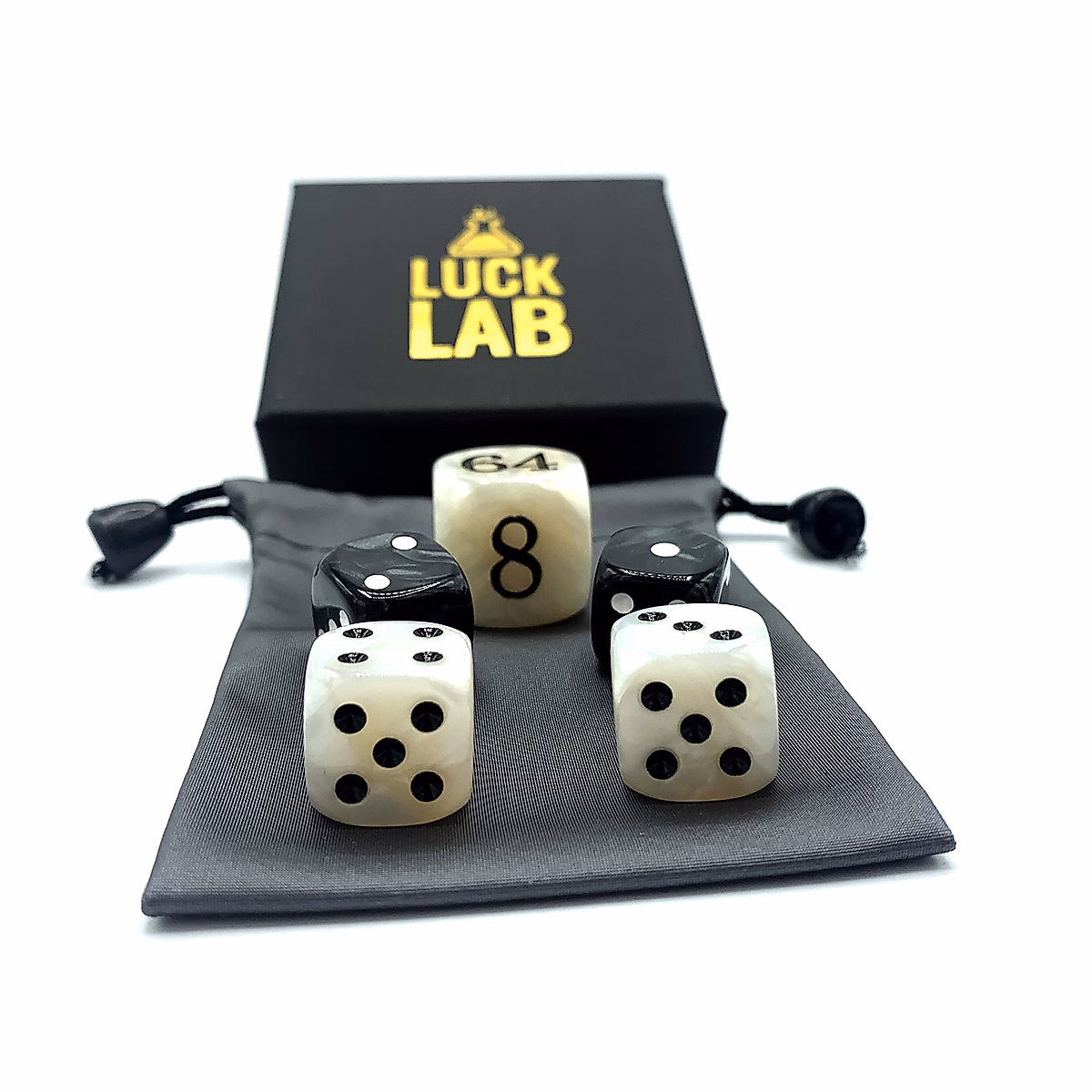 Luck Lab Backgammon Pearl Dice Set - 22 mm Doubling Cube and Four 16 mm Dice with Bonus Storage Bag, Black/White Marbleized