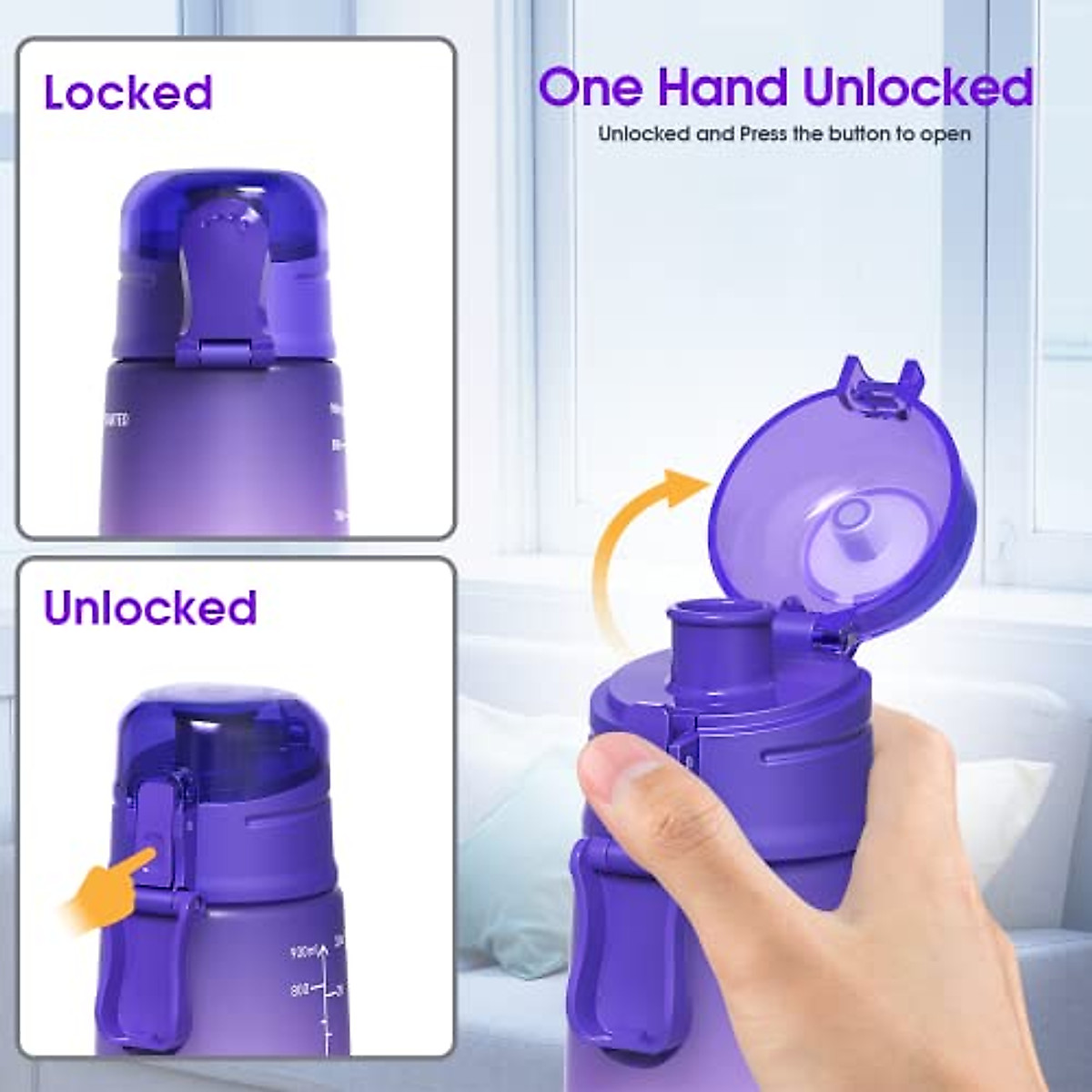 Y&3 32oz Motivational Fitness Sports Water Bottle With Time Marker, BPA Free Tritan Plastic, Leakproof Flip Top, For Gym, Outdoor, Office Work (Purple/Red Gradient, 32oz)