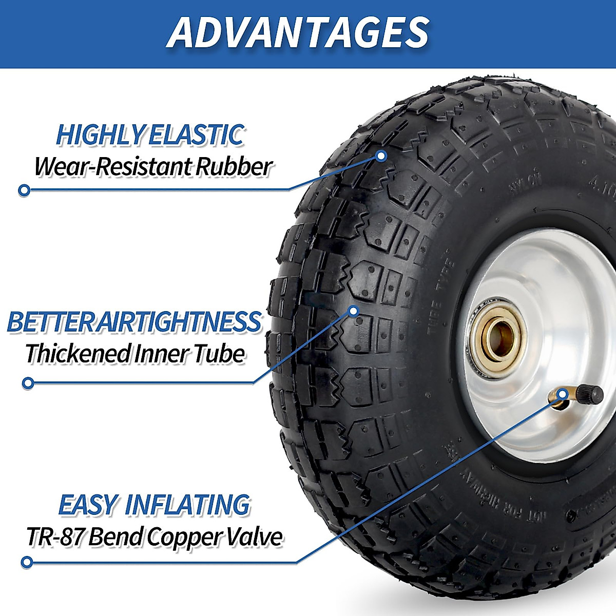 4.10/3.50-4 Pneumatic Tire, 10" Tire and Wheel, 2 Pack, with 2.2" Offset Hub, 5/8" Axle Bore Hole, Sealed Bearings, for Hand Truck Trolley Dolly Cart