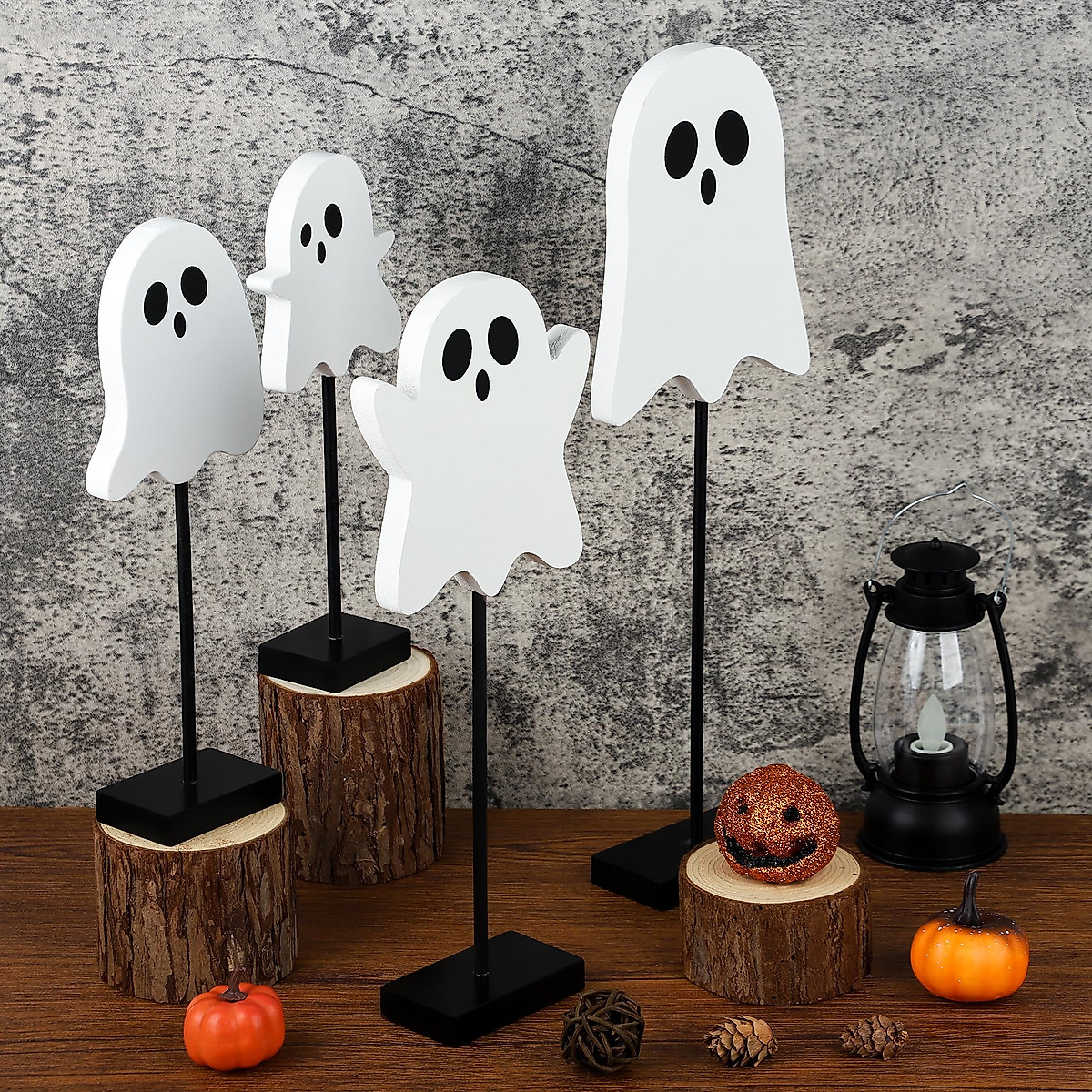 Halloween Standing Table Decor Ghost Wooden Signs Halloween Tiered Tray Decorations Ghost Table Centerpiece Tall Block Sign for Halloween Party Home Room Decor, 4 Pcs