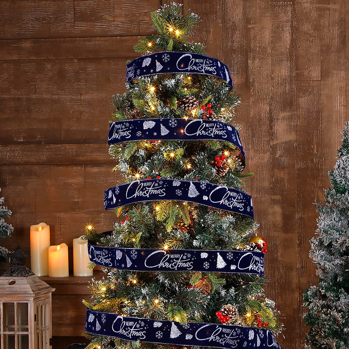 2 Rolls Christmas Wired Ribbon - Red, Green, Navy Blue, Merry Golden Silver for Gift Wrapping - Velvet Fabric for Xmas Home Decoration DIY Crafts, 2.5 Inch (Navy Blue, 10 Yards)