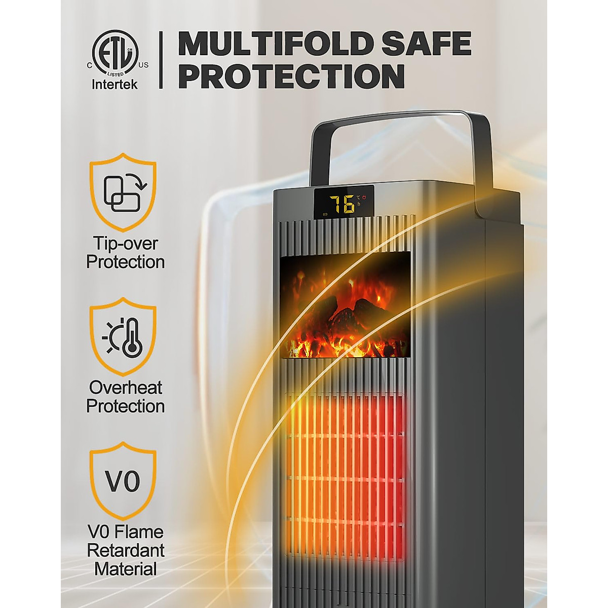 2023 Space Heater with 3D Bonfire, 1500W Electric Room Heater with Thermostat, Remote Control Ceramic Desk Heater with Timer, Small Personal Heater Fan for Bedroom, Large Room, Home, Office, Indoor