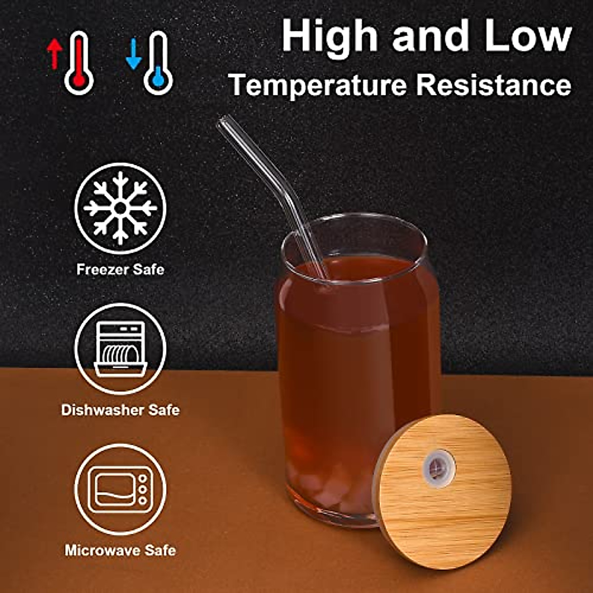Drinking Glasses with Bamboo Lids and Glass Straw-16oz Can Shaped Glass Cups,Beer Glasses,Iced Coffee Glasses,Ideal for Cocktail,Whiske,Soda,Bubble Tea,Juicing, Smoothies(12pcs Set+2 Cleaning Brushes