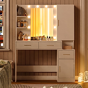 usikey Vanity Desk with Mirror and Lights, Makeup Vanity, Vanity with Jewelry Storage, Makeup Vantity Desk with 3 Drawers, for Women, Girls, Bedroom, White