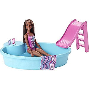 Barbie Doll and Pool Playset with Pink Slide, Beverage Accessories and Towel, Brunette Doll in Floral Swimsuit