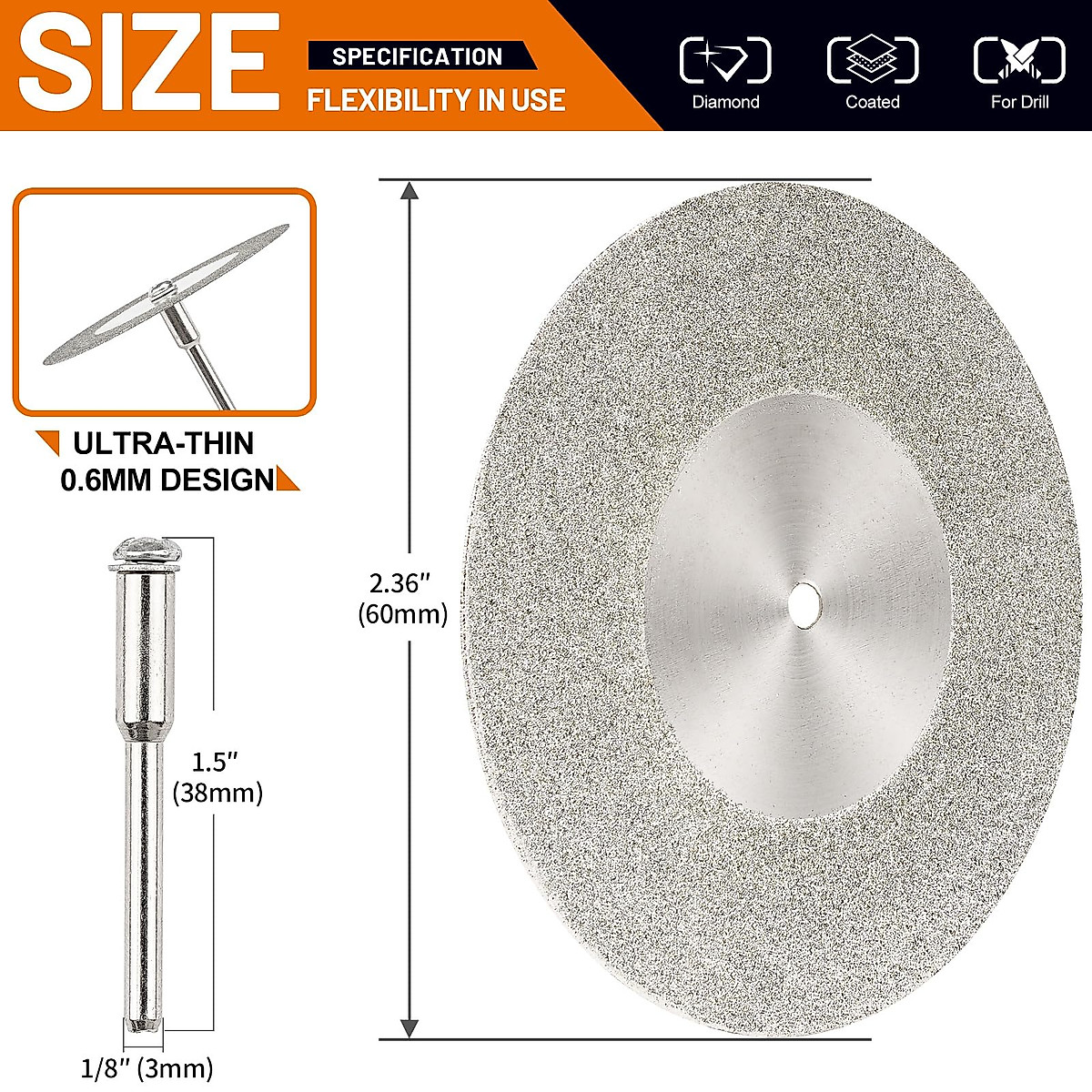 5Pcs 60mm Diamond Cutting Disc Cut Off Wheels with 5Pcs Mandrel 1/8'' Shank Stone Blade for Rotary Tool Drill Attachment Cutting Discs Polishing Glass Tiles Marble Plastic Jade (2.4in)