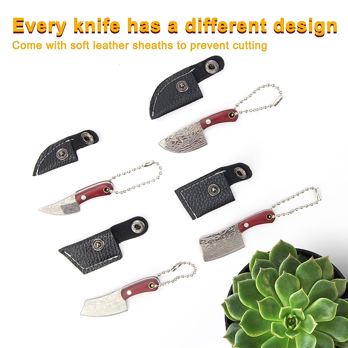 Coitak Damascus Pocket Knife Set, Mini Chef Knife Set, Tiny Keychain Knife with Sheath for Package Opener Box Cutter, Set of 4