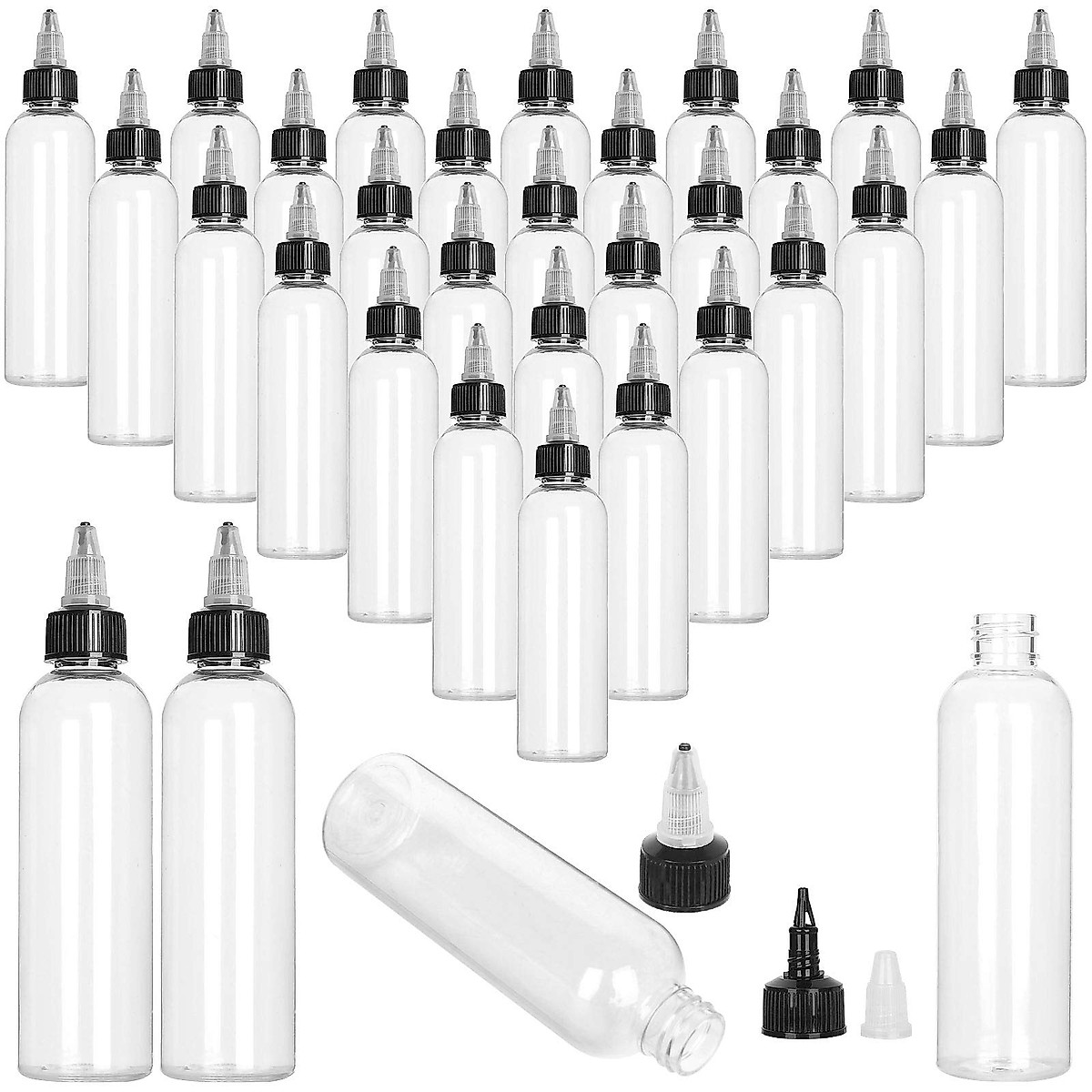 ABuff 32-Pack Clear Dispensing Bottles, 120ml/4 Ounce Plastic Squeeze Condiment Bottles with Twist-on Cap Lids - Round Plastic Squeeze Bottle for Ketchup,Mustard,Olive Oil and More