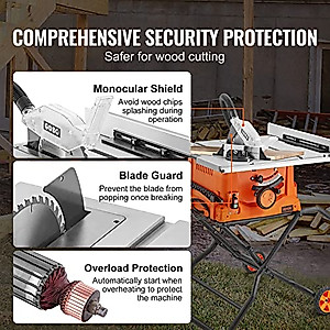 VEVOR Table Saw with Stand, 10-inch 15-Amp, 25-in Max Rip Capacity, Cutting Speed up to 5000RPM, 40T Blade, Portable Compact Jobsite Tablesaw w/Sliding Miter Gauge for Woodworking & Furniture Making
