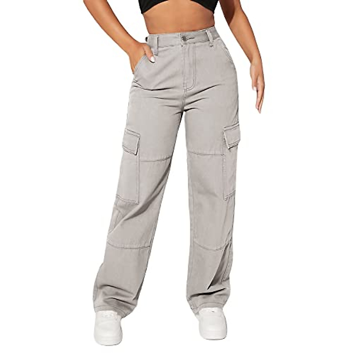 MakeMeChic Women's Cargo Jeans High Waist Flap Pocket Straight Leg Denim Pants Petite Light Grey Petite M