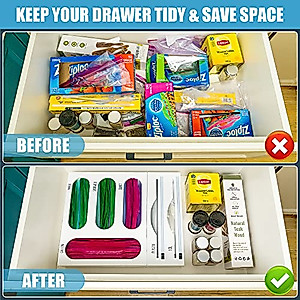 2 in 1 Ziplock Bag Storage and Tin Foil Organizer, Plastic Wrap Dispenser with Cutter for Kitchen Drawer, Bamboo Wood Food Organizer Gallon, Slider Quart, Sandwich Snack, White