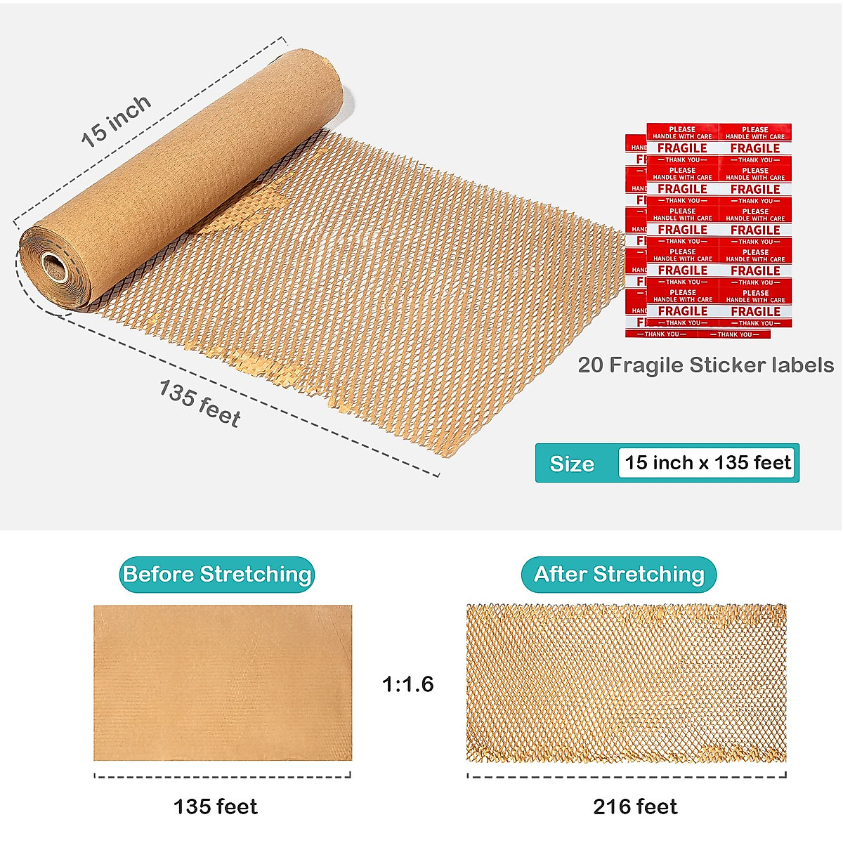 MCfleet 15"x135' Honeycomb Packing Paper Wrap Roll, Eco Friendly Packaging Material for Moving Shipping Gift Wrapping with 20 Fragile Stickers, Protective Recycled Cushion Wrap Suppliers Kraft Brown