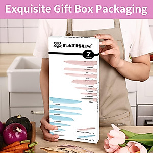 KATISUN Kitchen Knife Set with Guards, 13 Piece Pink Non-Stick Boxed Knives Set, Anti-Rust and Dishwasher Safe, 6 Knives with 6 Blade Covers and Kitchen Shears