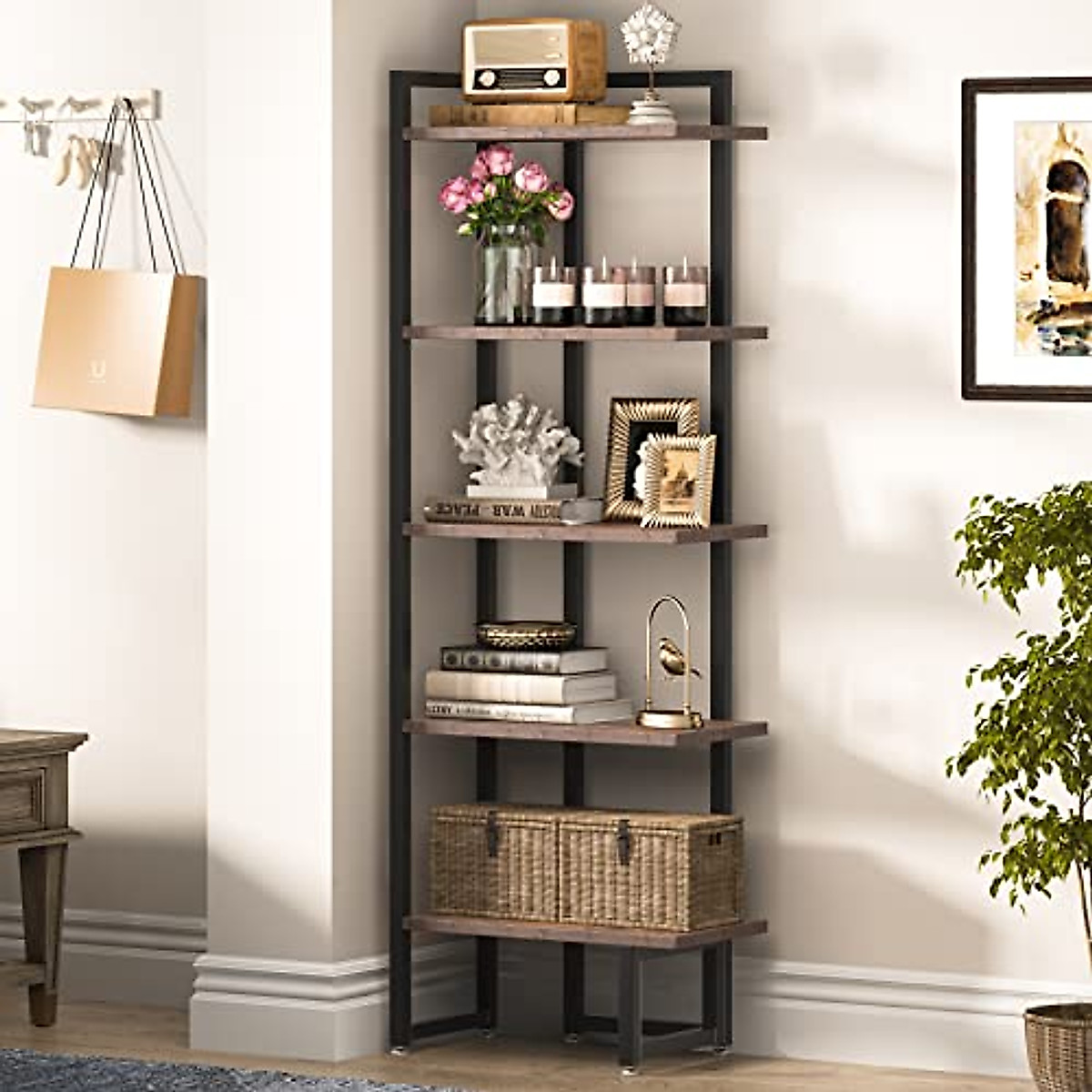 Tribesigns Corner Shelf, 5 Tier Wide Industrial Wood Wall Corner Bookshelves, Corner Storage Rack Shelves Display Plant Flower Stand Ladder Bookcase for Home Office Kitchen Bedroom