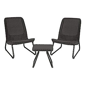 Keter Resin Wicker Patio Furniture Set with Side Table and Outdoor Chairs, Dark Grey