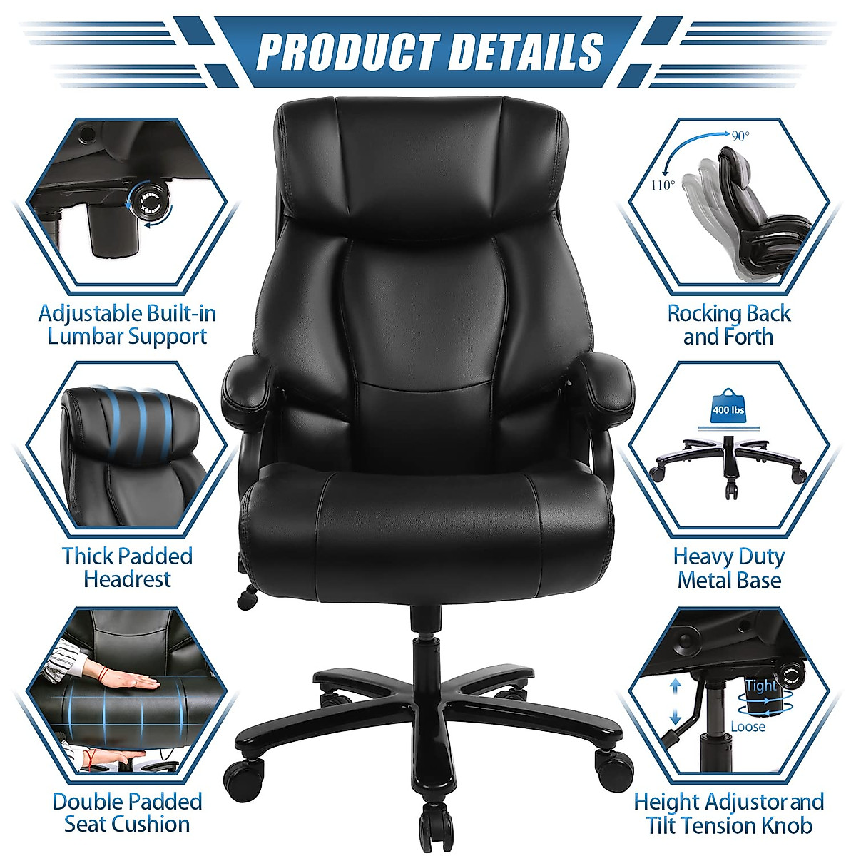Big and Tall 400lb Bonded Leather Office Chair - Adjustable Lumbar Support and Rocking Function, Heavy Duty Metal Base High Back Large Ergonomic Executive Desk Computer Chair, Black