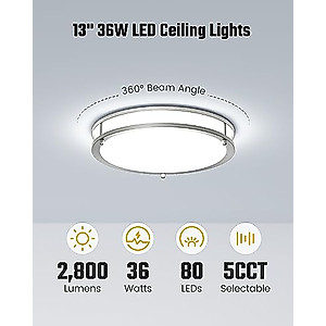 SUPERDANNY 36W LED Flush Mount Ceiling Light Fixture, 13 Inch Modern Ceiling Lamp, 3000K/3700K/4500K/5100K/6000K Dimmable Ceiling Lights for Bedroom Kitchen Hallway Bathroom (Brushed Nickel, 2 Pack)