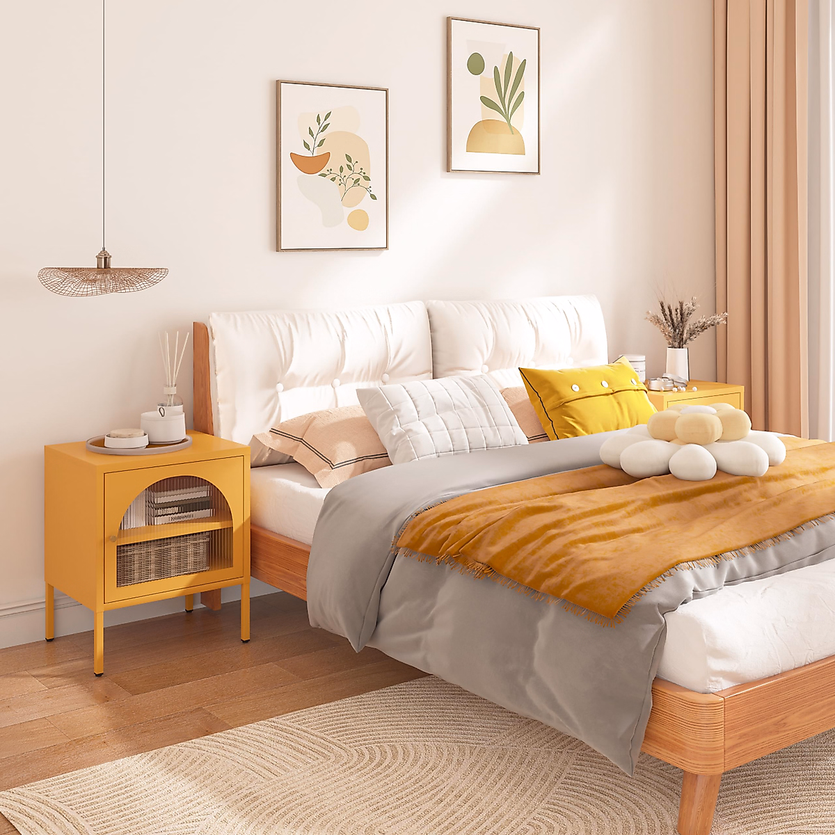 Aiasuit Single Door Nightstand Bedroom Bedside Table Adjustable Frosted Texture Storage Side Cabinet Glass Coffee Table Storage Cabinet Solid Room Side Table Yellow Size: 23.62”H x 19.68”W x 13.88”D