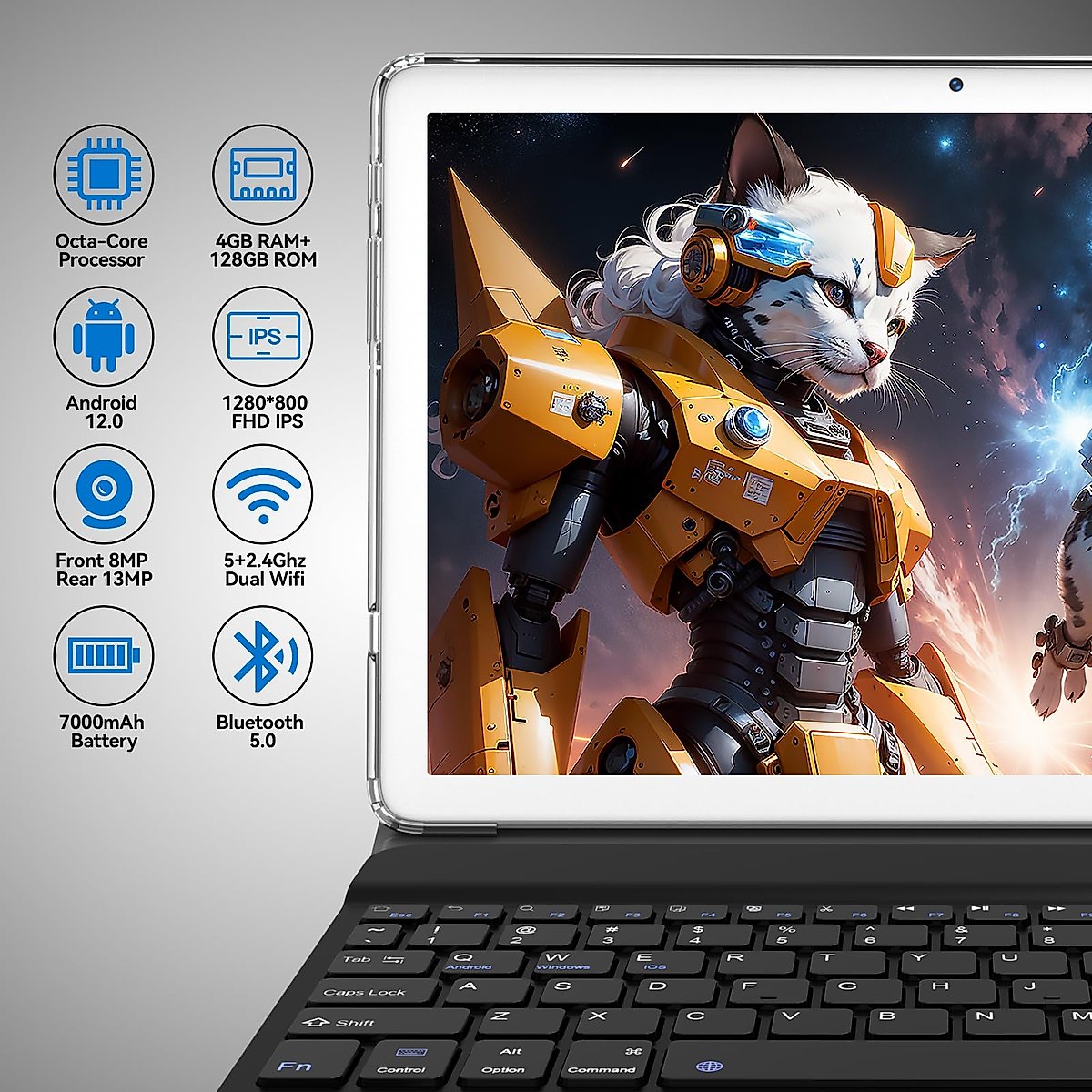 2 in 1 Tablet with Keyboard, 2024 Latest Tablets Android 128GB ROM, 10 Inch Tablet with Octa-Core Chip Support 5+2.4Ghz WiFi, 7000mAh Battery, Bluetooth 5.0, GPS, HD Touch Screen-Silver