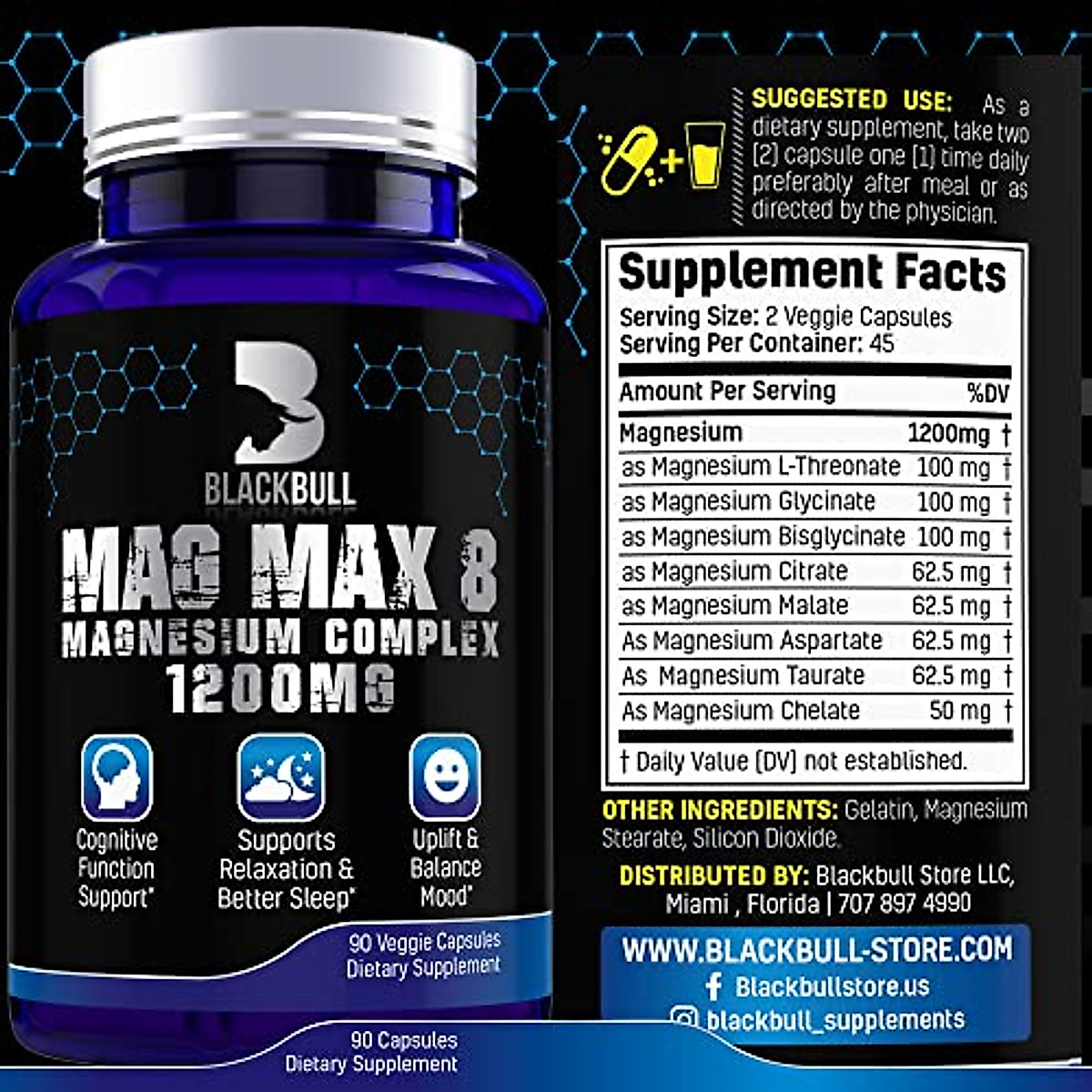 Blackbull MagMax Magnesium Complex 1200 mg -90 Capsules | L-Threonate, Glycinate, Citrate, Chelate, Bisglycinate, Malate, Aspartate, Taurate | Calm and Sleep