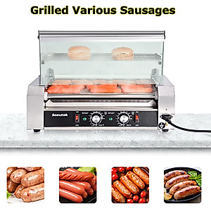Seeutek Hot Dog Roller 7 Rollers 24 Hot Dogs Capacity 1100W Stainless Hot Dog Toaster With LED Light, Hot Dog Machine W/Dual Temp Control Glass Hood Acrylic Cover Warmer Shelf Removable Oil Drip Tray