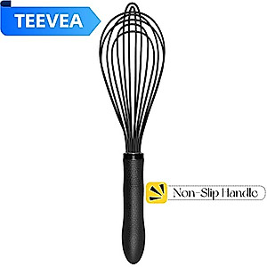 TEEVEA Silicone Whisk,Kitchen Silicone Whisks for Cooking Non Scratch,Wisking Tool Metal Wire Stainless Steel Whisk Egg Bread Silicone Wisk,Small Mini Heat Resistant Whisk 11-Inch,Black