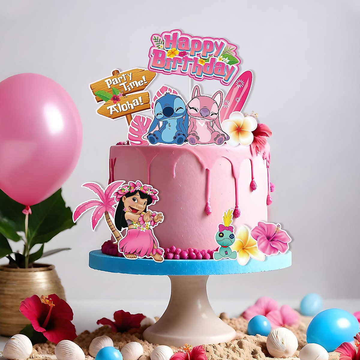 Compr Pink Cake Topper- 12Pcs Blue Cartoon Cake Decorations for Girls Boys Kids Birthday Party Baby Shower Summer Party Supplies